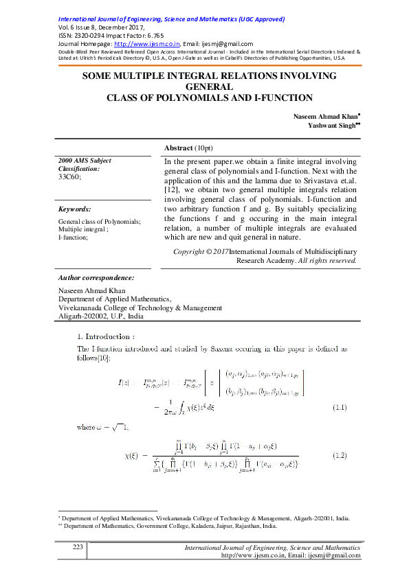 Pdf Some Multiple Integral Relations Involving General Class Of Polynomials And I Function