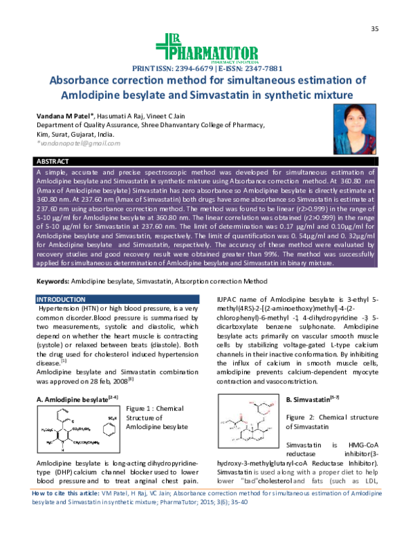 (PDF) Absorbance correction method for simultaneous estimation of Amlodipine besylate and ...