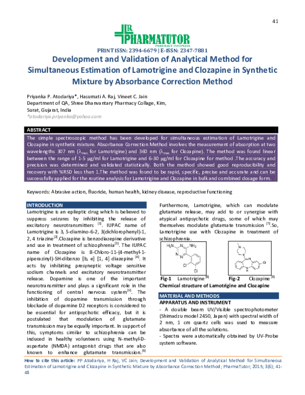 Pdf Development And Validation Of Analytical Method For Simultaneous Estimation Of Lamotrigine