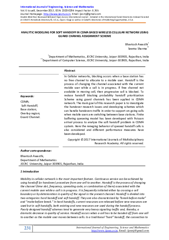 Pdf Analytic Modeling For Soft Handoff In Cdma Based Wireless Cellular Network Using Guard