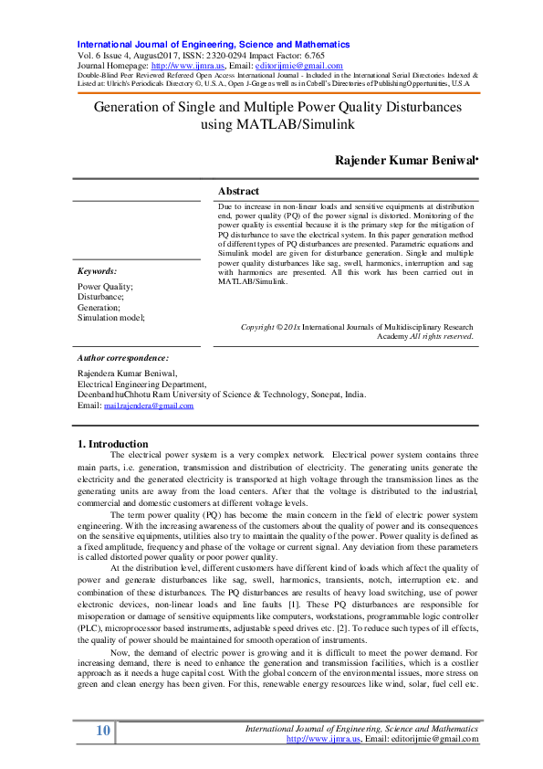 Pdf Generation Of Single And Multiple Power Quality Disturbances Using Matlabsimulink