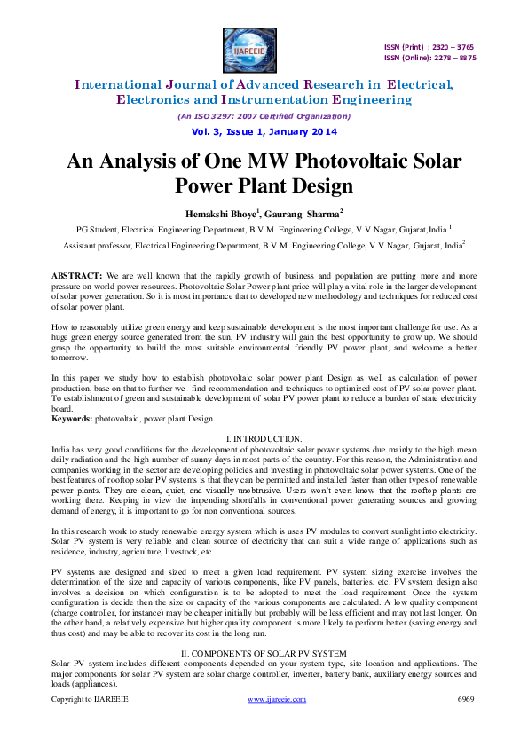 (PDF) An Analysis of One MW Photovoltaic Solar Power Plant Design