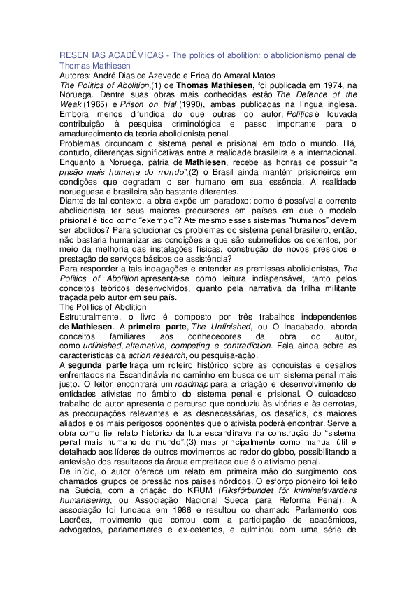 (PDF) The politics of abolition: o abolicionismo penal de Thomas Mathiesen