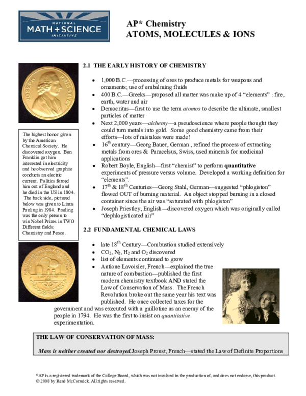 (PDF) AP* Chemistry ATOMS, MOLECULES & IONS
