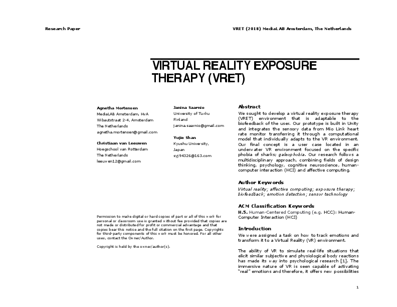 (PDF) VIRTUAL REALITY EXPOSURE THERAPY (VRET) - How biofeedback can ...