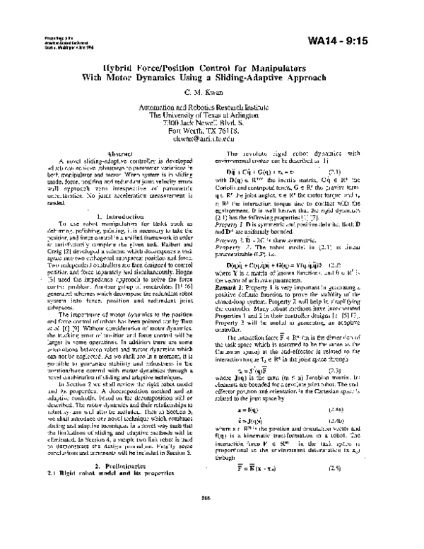 Pdf Hybrid Force Position Control For Manipulators With Motor Dynamics Using A Sliding