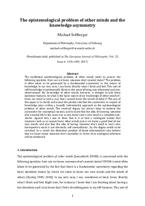(PDF) The Epistemological Problem of Other Minds and the Knowledge ...