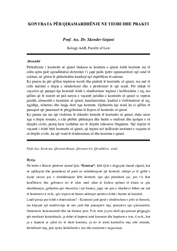 (PDF) KONTRATA PËR QIRAMARDHËNJE NE TEORI DHE PRAKTI