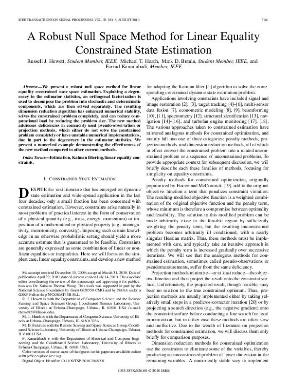 Pdf A Robust Null Space Method For Linear Equality Constrained State Estimation