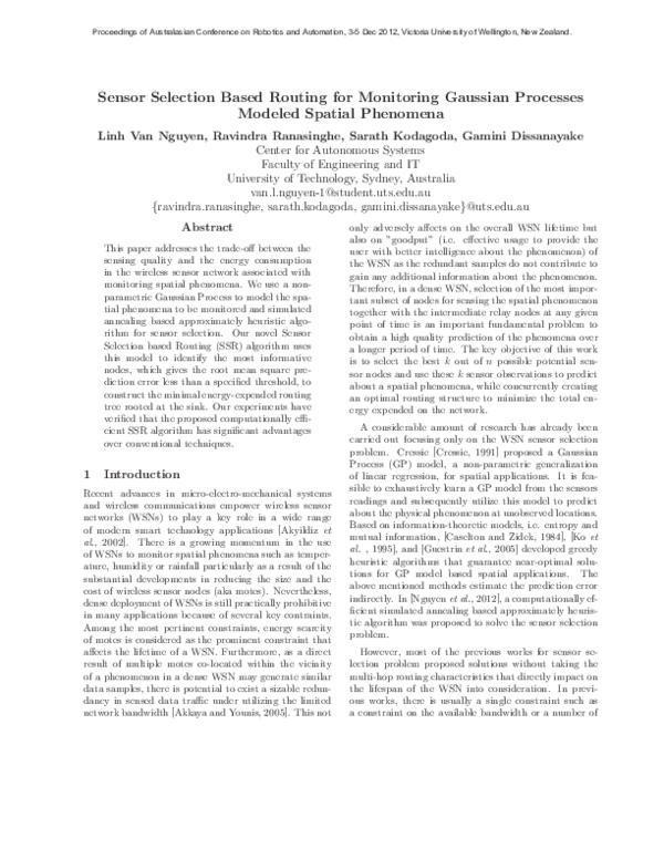 Pdf Sensor Selection Based Routing For Monitoring Gaussian Processes Modeled Spatial Phenomena