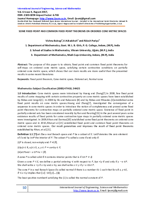 Pdf Some Fixed Point And Common Fixed Point Theorems On Ordered Cone Metric Spaces Ijesm