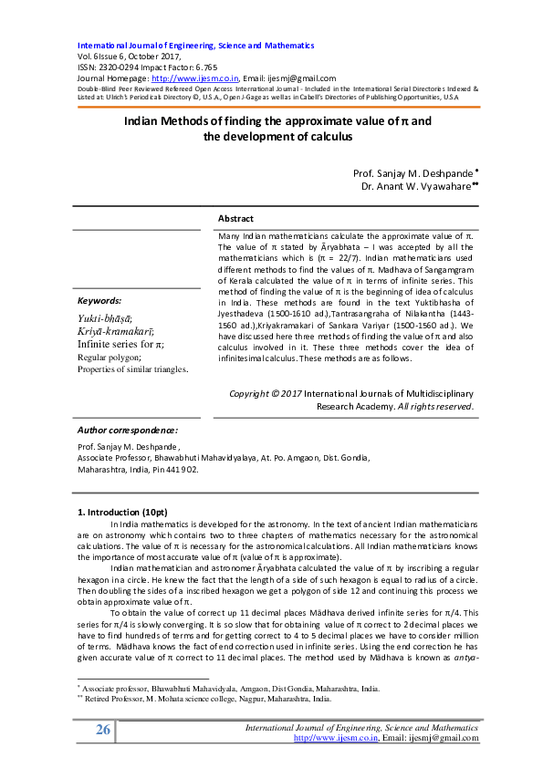 (PDF) Indian Methods of finding the approximate value of π and the ...