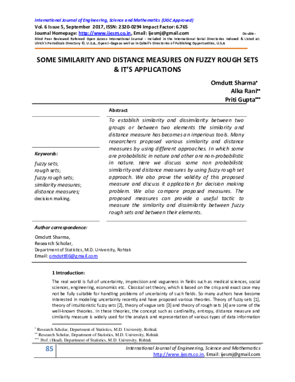 (PDF) SOME SIMILARITY AND DISTANCE MEASURES ON FUZZY ROUGH SETS & IT'S APPLICATIONS