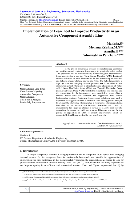 (PDF) Implementation of Lean Tool to Improve Productivity in an Automotive Component Assembly Line