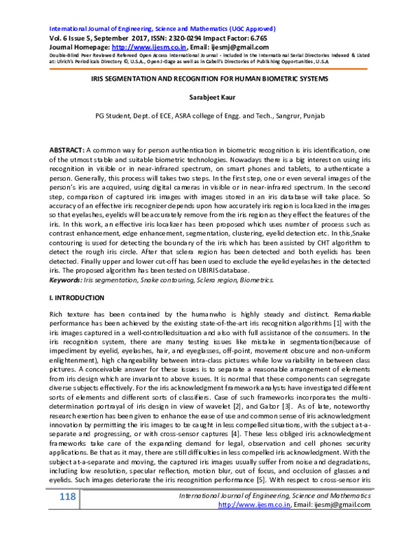 Pdf Iris Segmentation And Recognition For Human Biometric Systems