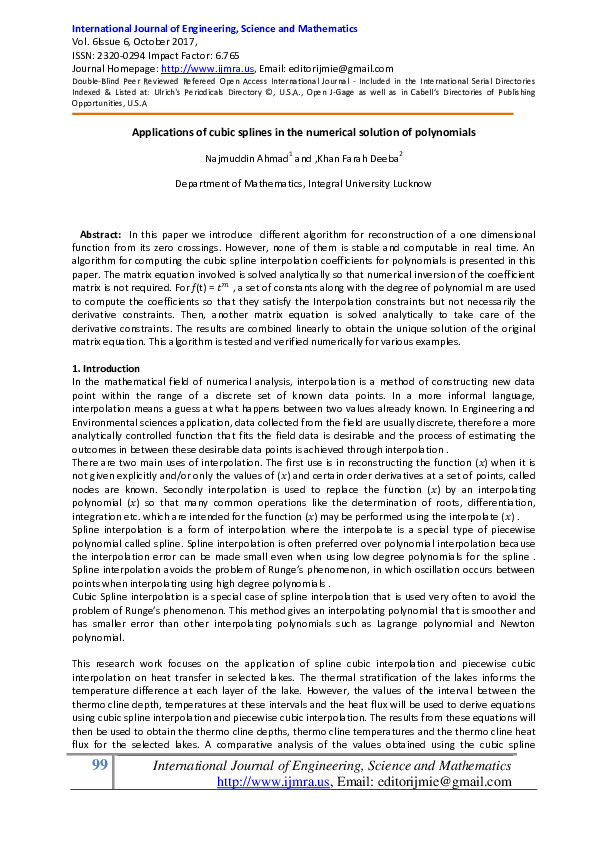Pdf Applications Of Cubic Splines In The Numerical Solution Of Polynomials 