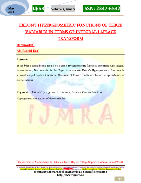 (PDF) Exton's HypErGEomEtrIc FunctIons oF tHrEE variables in terms of integral Laplace transform ...