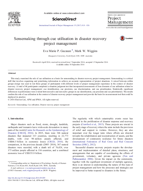(PDF) Sensemaking through cue utilisation in disaster recovery project management