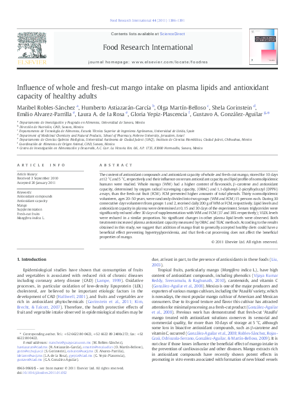 (PDF) Influence of whole and fresh-cut mango intake on plasma lipids ...
