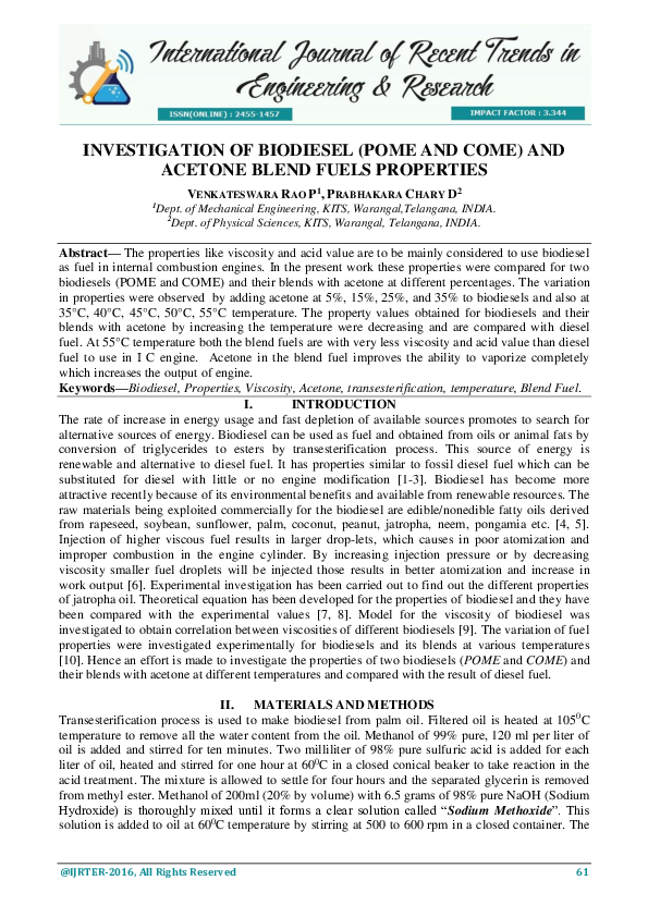 (PDF) IJRTER-2016, All Rights Reserved INVESTIGATION OF BIODIESEL (POME ...