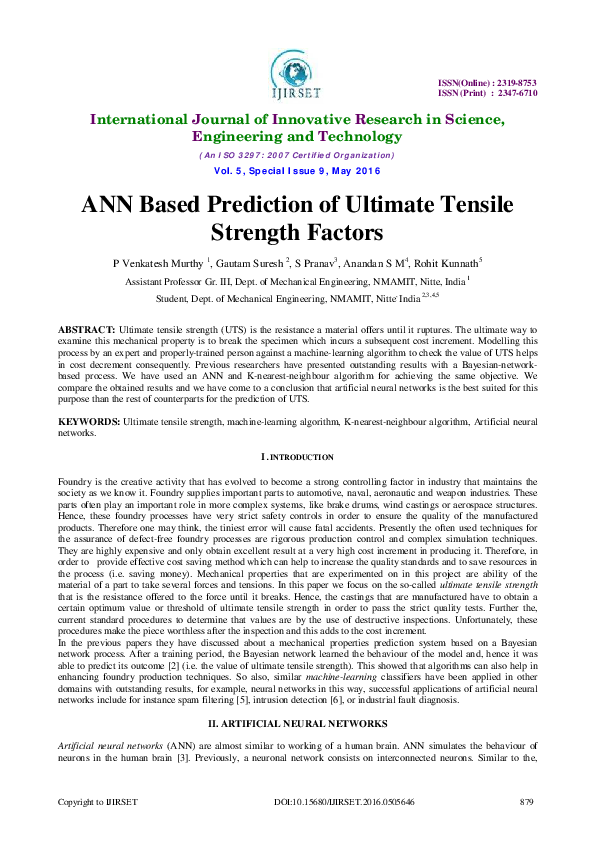 (PDF) ANN Based Prediction of Ultimate Tensile Strength Factors