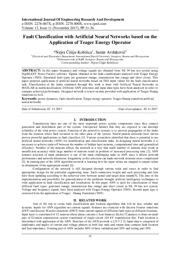 Pdf Fault Classification With Artificial Neural Networks Based On The Application Of Teager