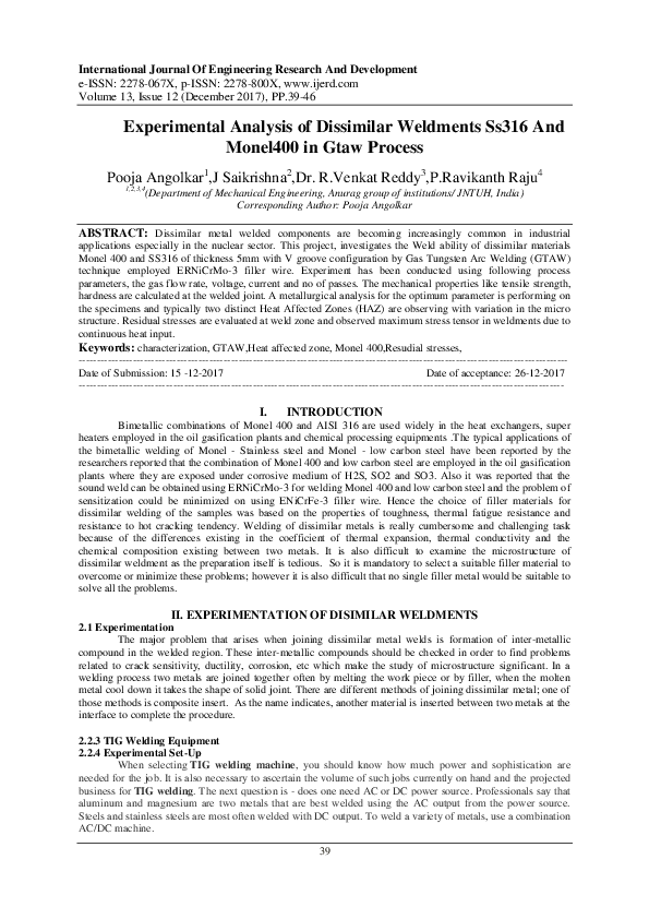 (PDF) Experimental Analysis of Dissimilar Weldments Ss316 And Monel400 in Gtaw Process