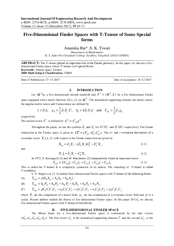 (PDF) Five-Dimensional Finsler Spaces with T-Tensor of Some Special forms