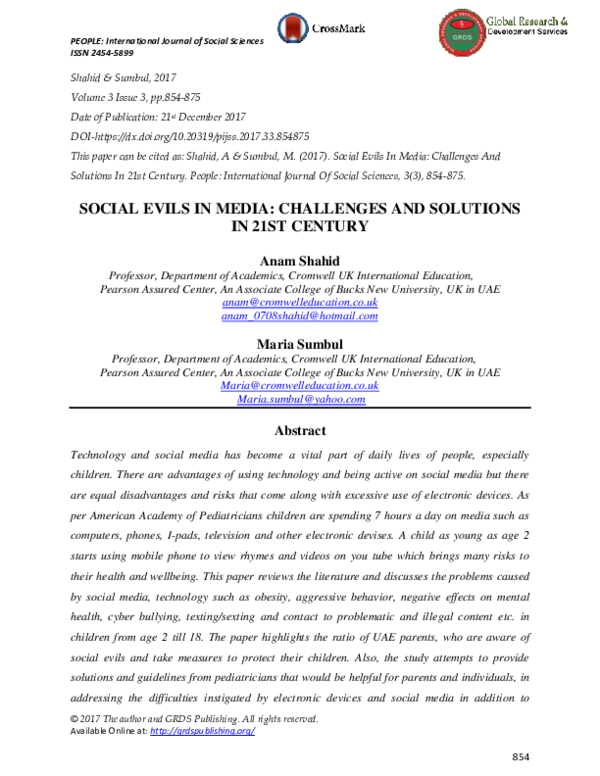 (PDF) SOCIAL EVILS IN MEDIA: CHALLENGES AND SOLUTIONS IN 21ST CENTURY