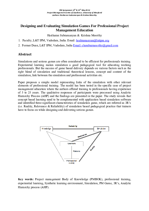 (PDF) Designing and Evaluating Simulation Games For Professional Project Management Education ...