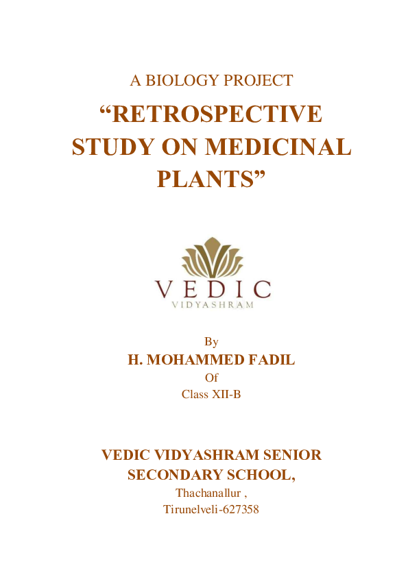 (PDF) A BIOLOGY PROJECT " RETROSPECTIVE STUDY ON MEDICINAL PLANTS