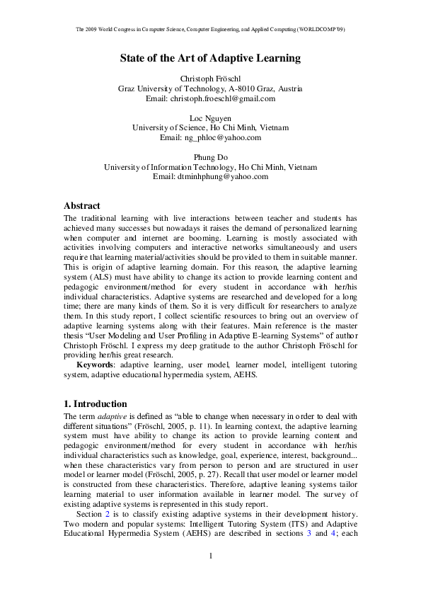 (PDF) State of the Art of Adaptive Learning