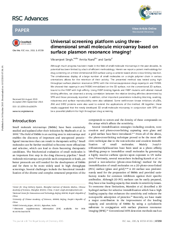 Pdf Universal Screening Platform Using Three Dimensional Small Molecule Microarray Based On
