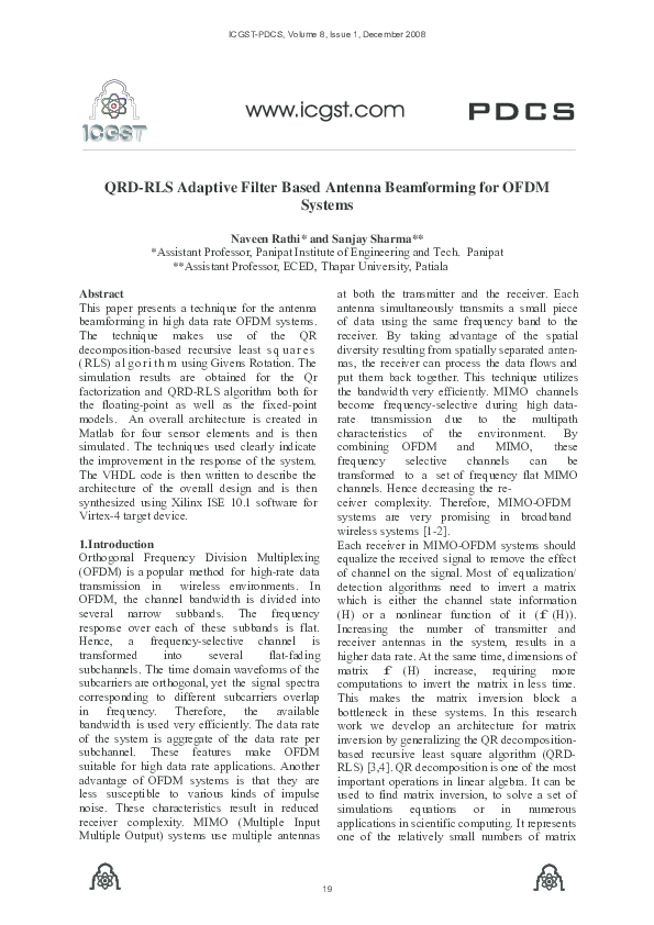 (PDF) QRD-RLS Adaptive Filter Based Antenna Beamforming for OFDM Systems
