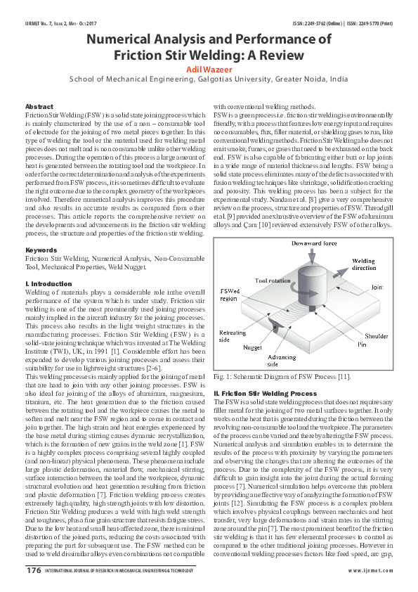 (PDF) Numerical Analysis and Performance of Friction Stir Welding: A Review