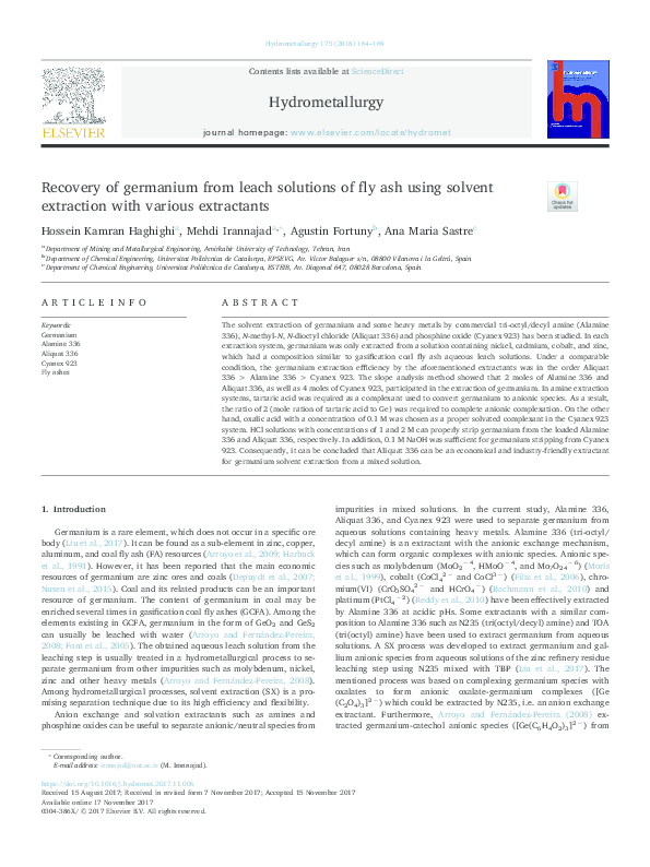 (PDF) Recovery of germanium from leach solutions of fly ash using ...