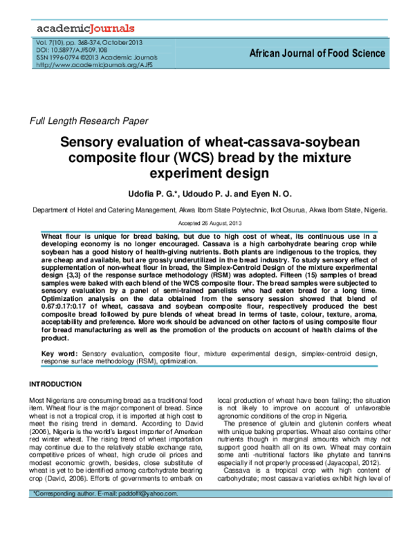 (PDF) African Journal of Food Science Sensory evaluation of wheat-cassava-soybean composite ...