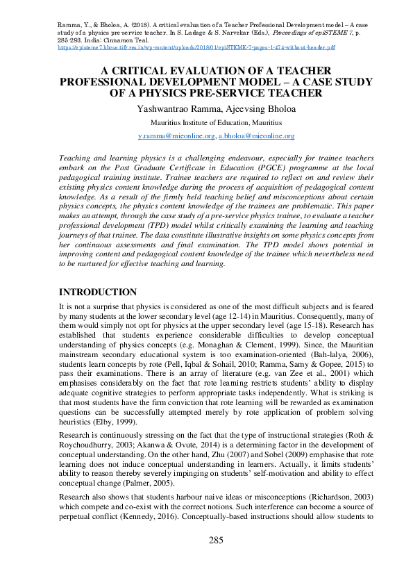 (PDF) A critical evaluation of a teacher professional development model ...