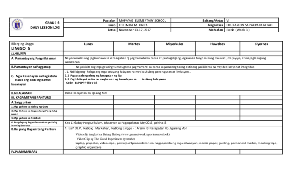 (DOC) GRADE 6 DAILY LESSON LOG Lunes Martes Miyerkules Huwebes Biyernes