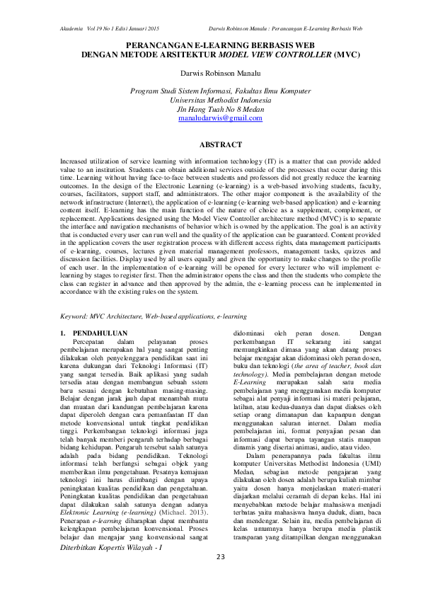 Pdf Perancangan E Learning Berbasis Web Dengan Metode Arsitektur Model View Controller Mvc