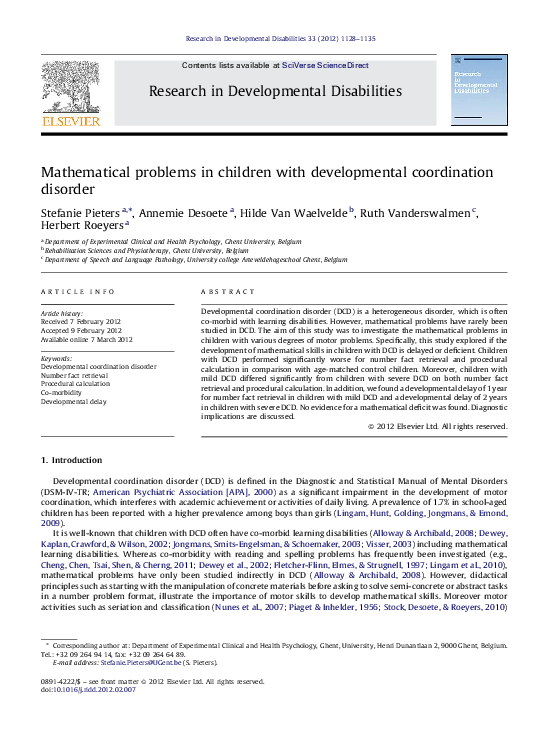 (PDF) Mathematical problems in children with developmental coordination disorder