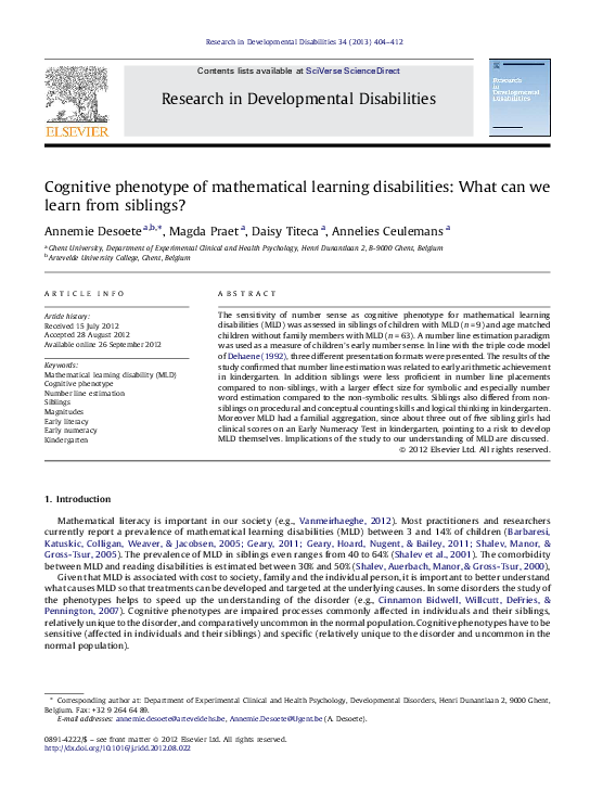 (PDF) Cognitive phenotype of mathematical learning disabilities: What can we learn from siblings?