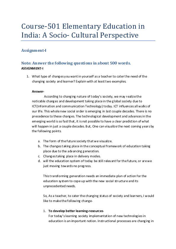 (PDF) Course-501 Elementary Education in India: A Socio-Cultural ...