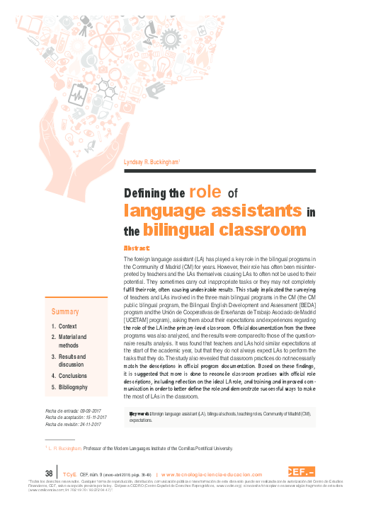 (PDF) Defining the role of language assistants in the bilingual classroom
