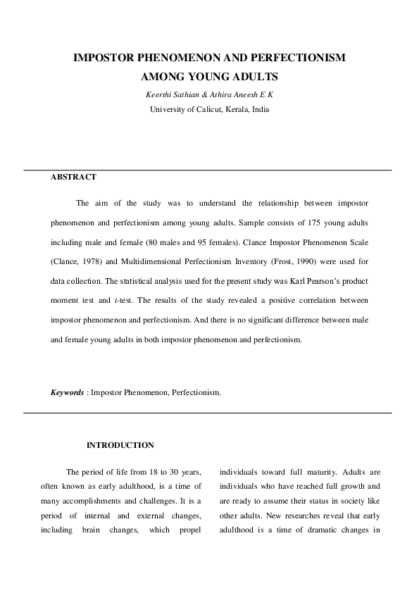 (PDF) IMPOSTOR PHENOMENON AND PERFECTIONISM AMONG YOUNG ADULTS