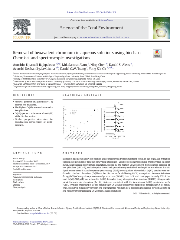 Pdf Removal Of Hexavalent Chromium In Aqueous Solutions Using Biochar