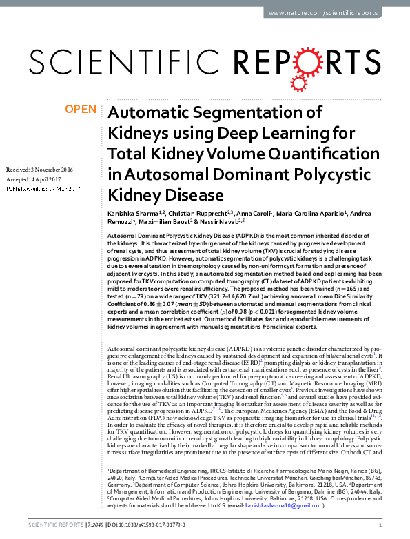 (PDF) Automatic Segmentation of Kidneys using Deep Learning for Total Kidney Volume ...