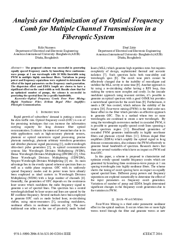(PDF) Analysis and Optimization of an Optical Frequency Comb for Multiple Channel Transmission ...