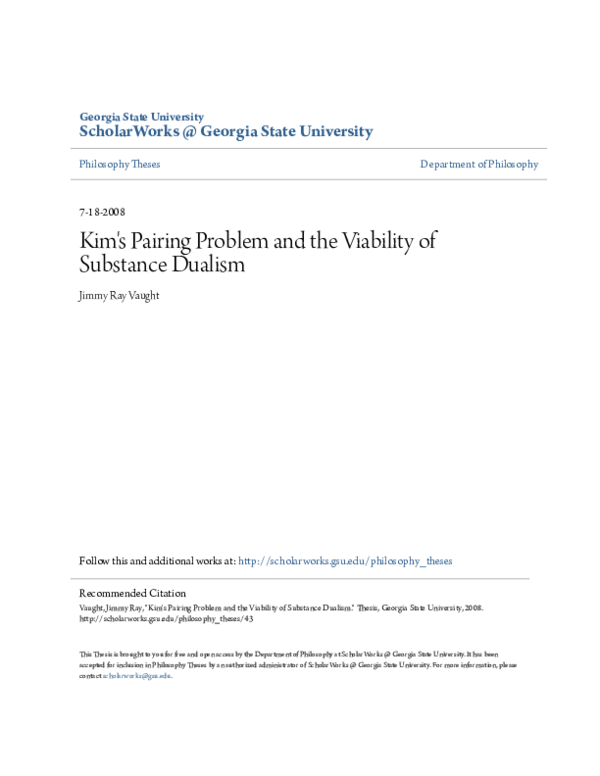 (PDF) Kim' s Pairing Problem and the Viability of Substance Dualism