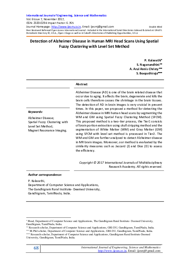(PDF) Detection of Alzheimer Disease in Human MRI Head Scans Using Spatial Fuzzy Clustering with ...